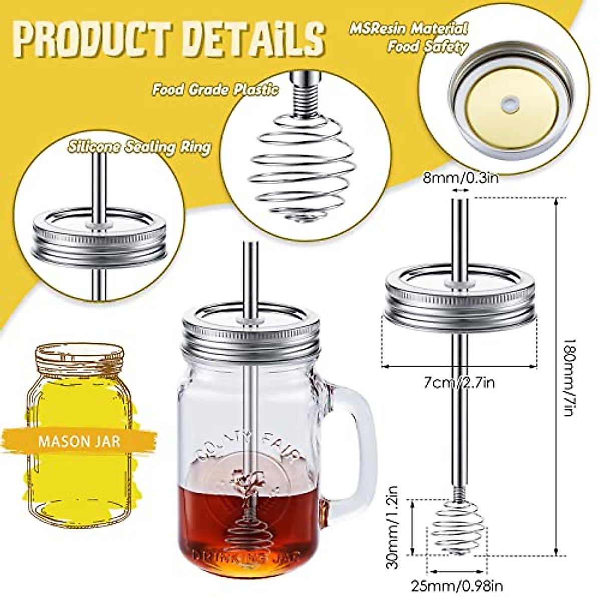 3 Pack Mason Canning Jar Honey Dipper Stainless Steel Honey Dipper Stick Canning Lid Metal Honey Dropper Honey Stirrers Lid Honeycomb Stick Wand Dipper for Regular Mouth Pot Containers Dispenser Syrup
