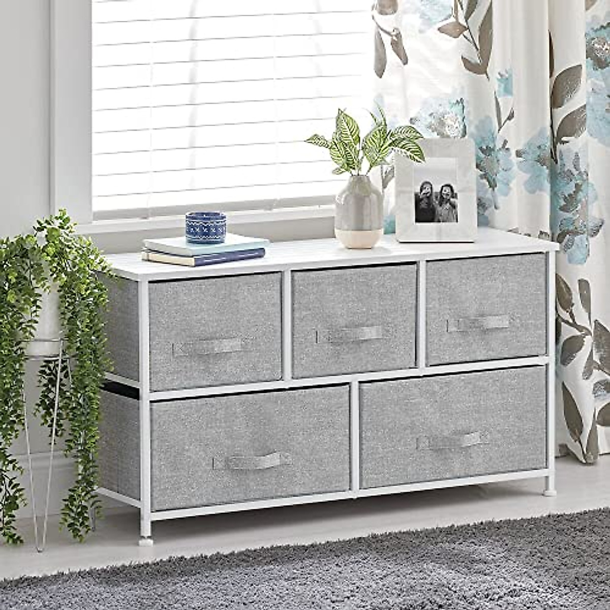 mDesign 21.65" High Steel Frame/Wood Top Storage Dresser Furniture Unit with 5 Removable Fabric Drawers - Wide Bureau Organizer for Bedroom, Living Room, Closet - Lido Collection, Gray