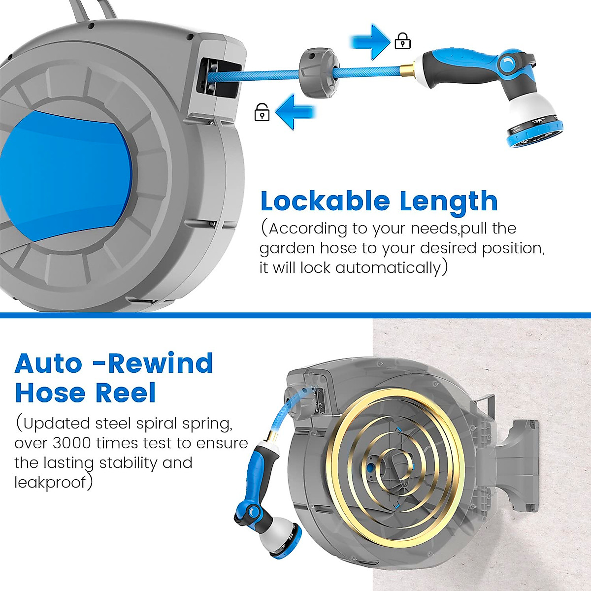 REDUCTUS Retractable Garden Hose Reel Wall Mount, 1/2" x 100 ft + 6.5 ft Retractable Hose Reel with 10 Pattern Nozzle, Automatic Slow Rewind System/Lock Any Length/180°Swivel Hose Reel for Outside