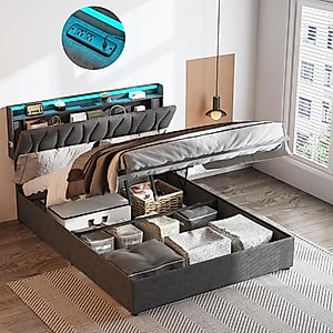 Queen Size Lift Up Storage Bed Frame, Height Adjustable Storage Headboard with Charging Station, LED Lights Upholstered Platform Bed, Wooden Slat Support, No Box Spring Needed, Noise-Free, Dark Grey