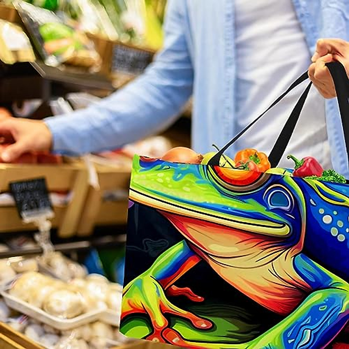 Reusable Grocery Bags Boxes Storage Basket, Red Eye Frog Pattern Collapsible Utility Tote Bags with Long Handle