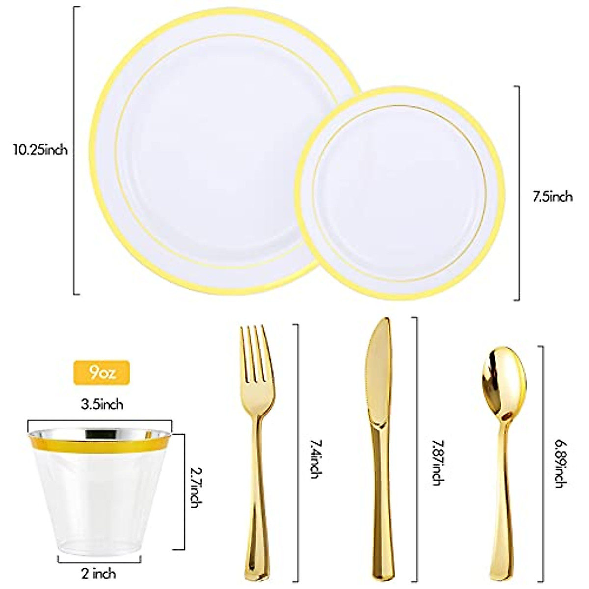 Vplus 600 Count Gold Dinnerware Set, 200 Plastic Plates, Set of 300 Silverware, 100 Cups, Disposable Gold Plastic Dinnerware for Party or Wedding