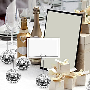 Whaline 60Pcs 2 Inch Disco Ball Table Number Holders Place Cards Set Silver Tented Cards Name Cards Stands with Heart Swirl Wire for Wedding Party Table Sign Display Supplies