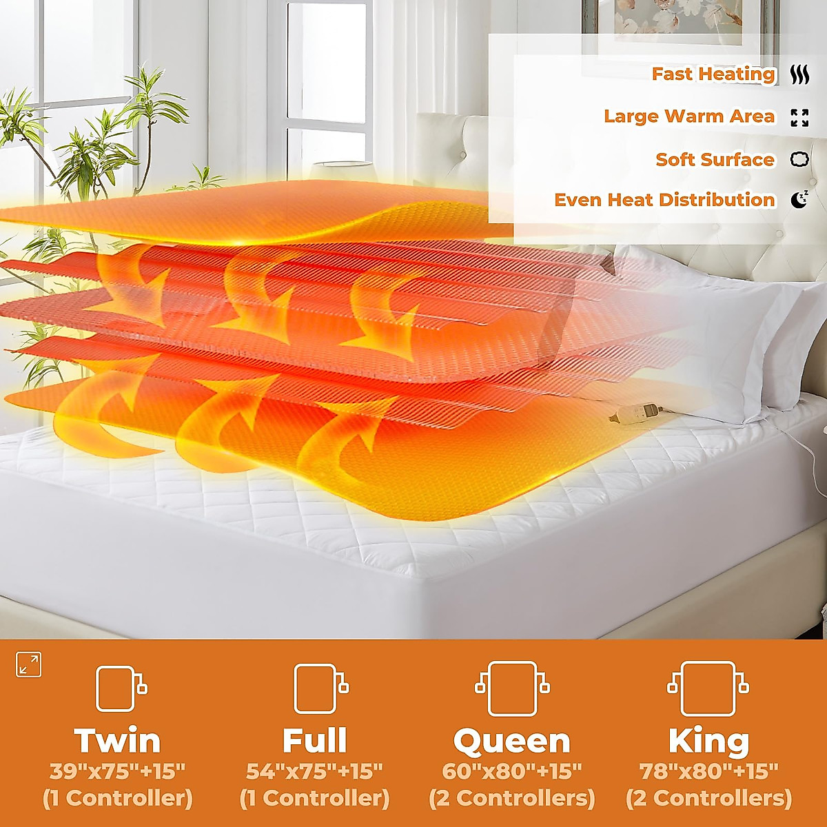 DAICO Heated Mattress Pad Twin Size Soft and Warm Cover 10 Heat Settings Electric Mattress Pad, 1-12H Auto Off, Fast Heated Mattress Topper Deep Elastic Pocket, 39''x75'', White