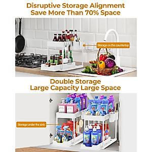 DILEASIR Under Sink Organizers and Storage Bathroom 2Pack, 2 Tier Kicthen Cabinet Basket Organizer, with Hooks, Hanging Cup, Dividers, Handles, Multi-purpose Under Sink Shelf Organizer, White