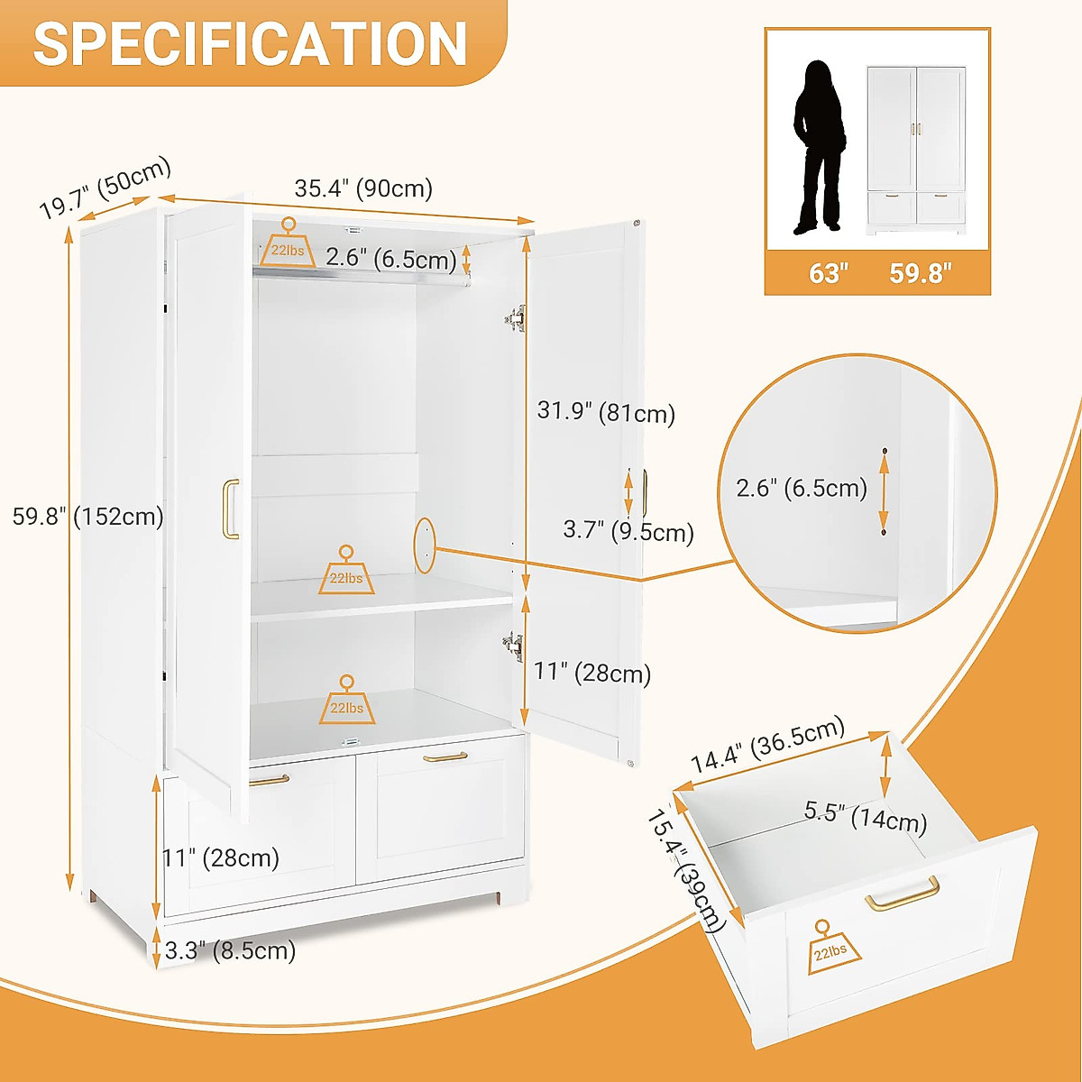 VINGLI Wide White Armoire Wardrobe Closet with Adjustable Shelves and Drawers, 60" Freestanding Closet Wardrobe Cabinet, Armoires and Wardrobes with Doors for Kids' Room, Dorm