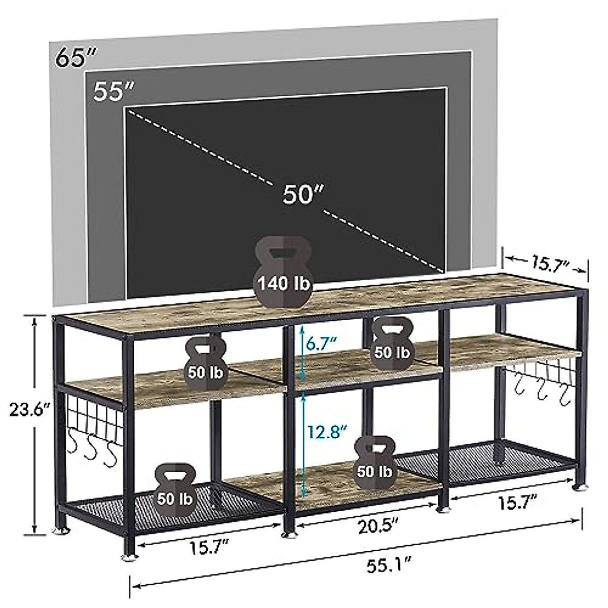 VECELO TV Stand for Televisions up to 65 Inch, Industrial Entertainment Center with 3-Tier Open Storage Shelves& Hooks for Living, Bedroom and Gaming Room, 55 Inch, Grey