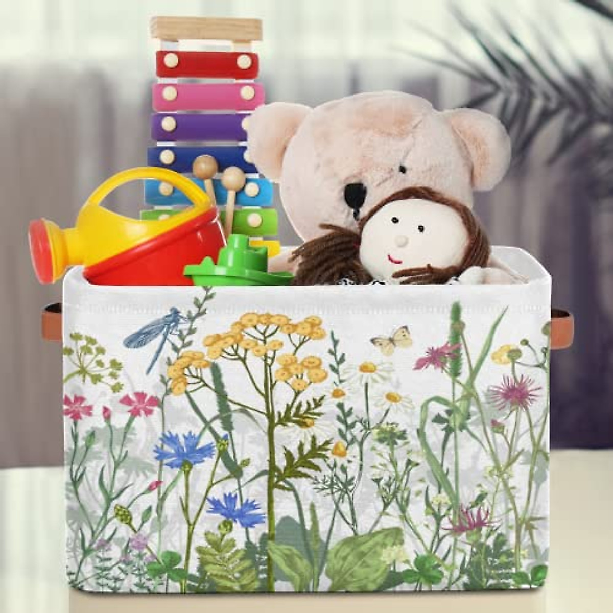 Storage Basket Bin, Flower Herb Butterfly Dragonfly Large Collapsible Storage Cube Box with Handle Durable Waterproof Closet Shelf Organizer for Toy Nursery Bedroom Laundry Basket, 1 Pcs