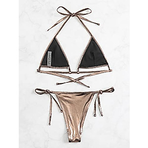 GORGLITTER Women's Sexy Metallic Swimsuit Cut Out Triangle Bikini Set Tie Side Thong Bathing Suit Champagne Medium