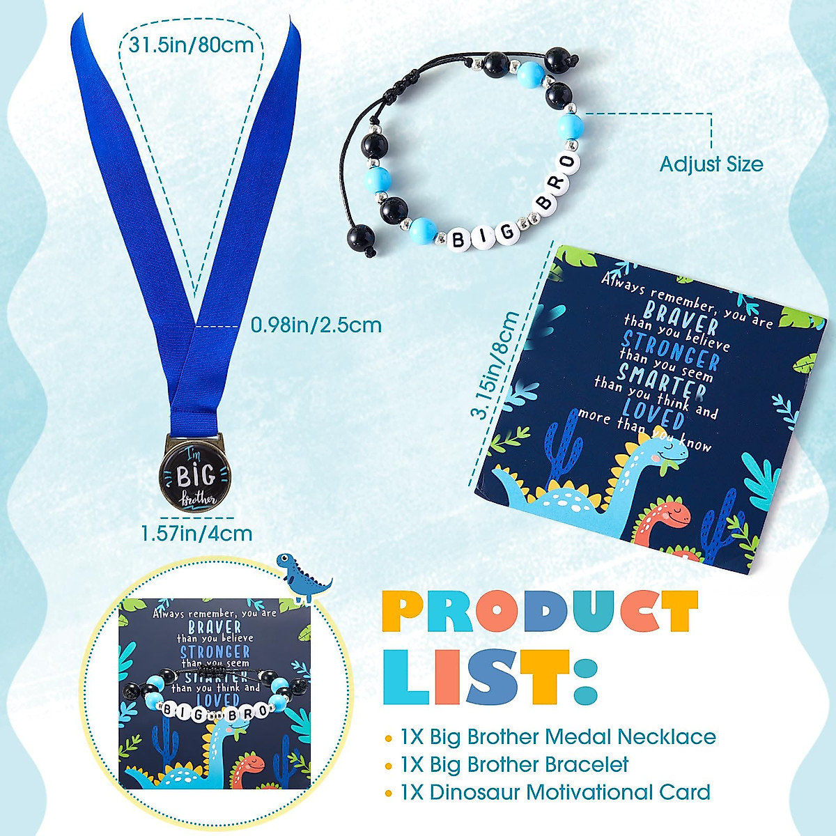 Sieral Set of 4 Christmas Big Brother Gift 14 oz Big Brother Tumbler with Straw Big Bro Medal with Lanyard New Big Brother Bracelet Inspirational Card for Little Boys of New Baby Birthday(Dinosaur)