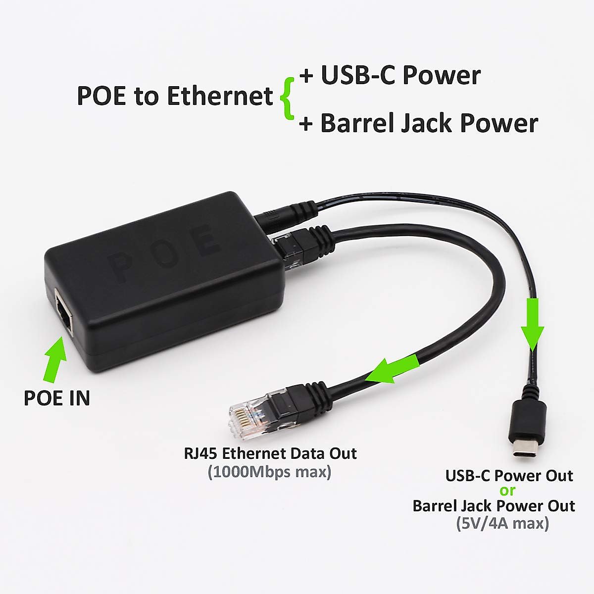 AuviPal Gigabit PoE Splitter for NVIDIA Jetson Nano, Raspberry Pi 4 and More, PoE to Barrel Jack or USB-C 5V/4A Max Power + 10/100/1000Mbps Wired Ethernet, 802.3af/at Compliant