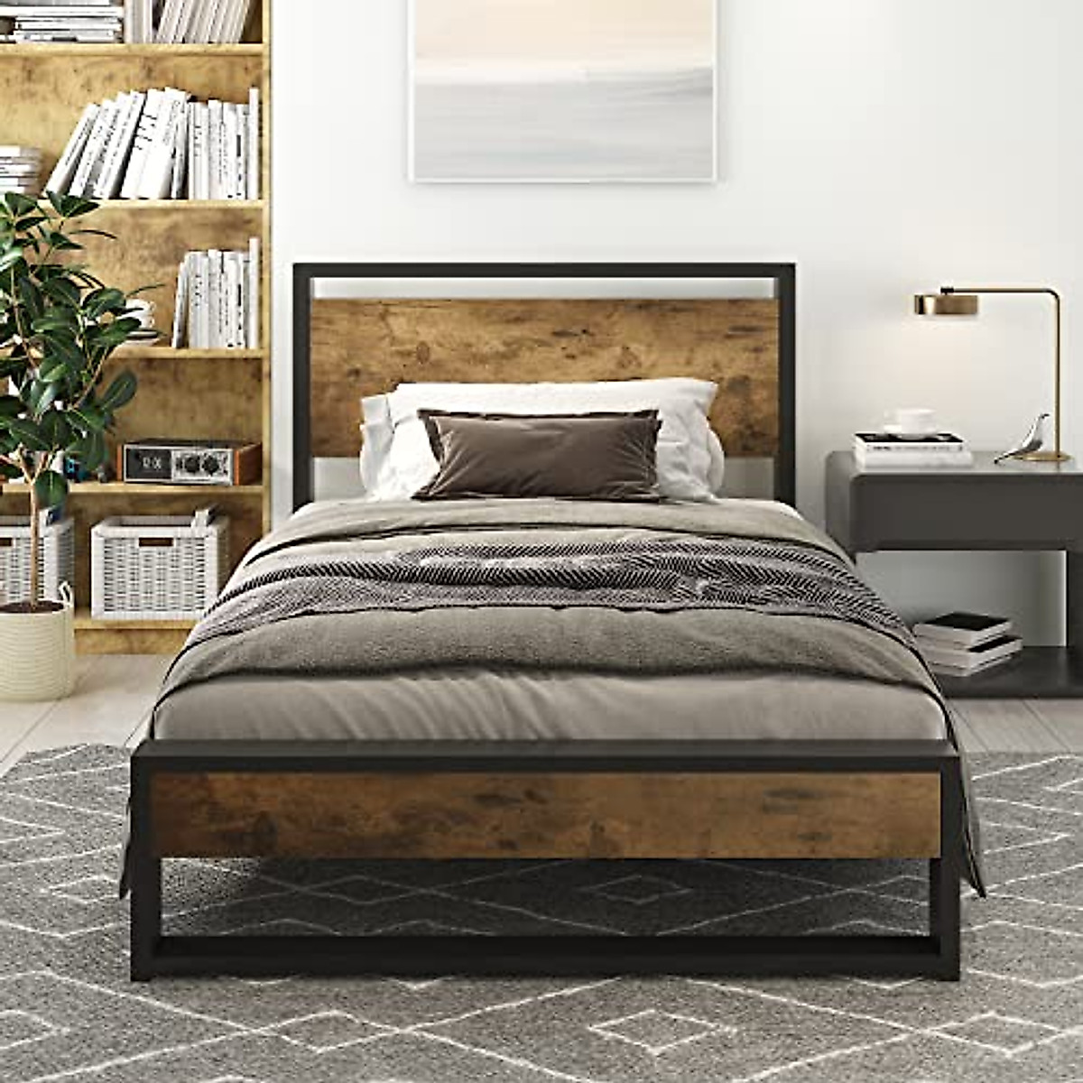 IMUsee Twin Bed Frame with Wood Headboard, Rustic Farmhouse Twin Platform Bed Frame for Kids with Heavy Duty Strong Metal Slats Support, Modern Bed Framework, No Box Spring Needed, Easy Assembly