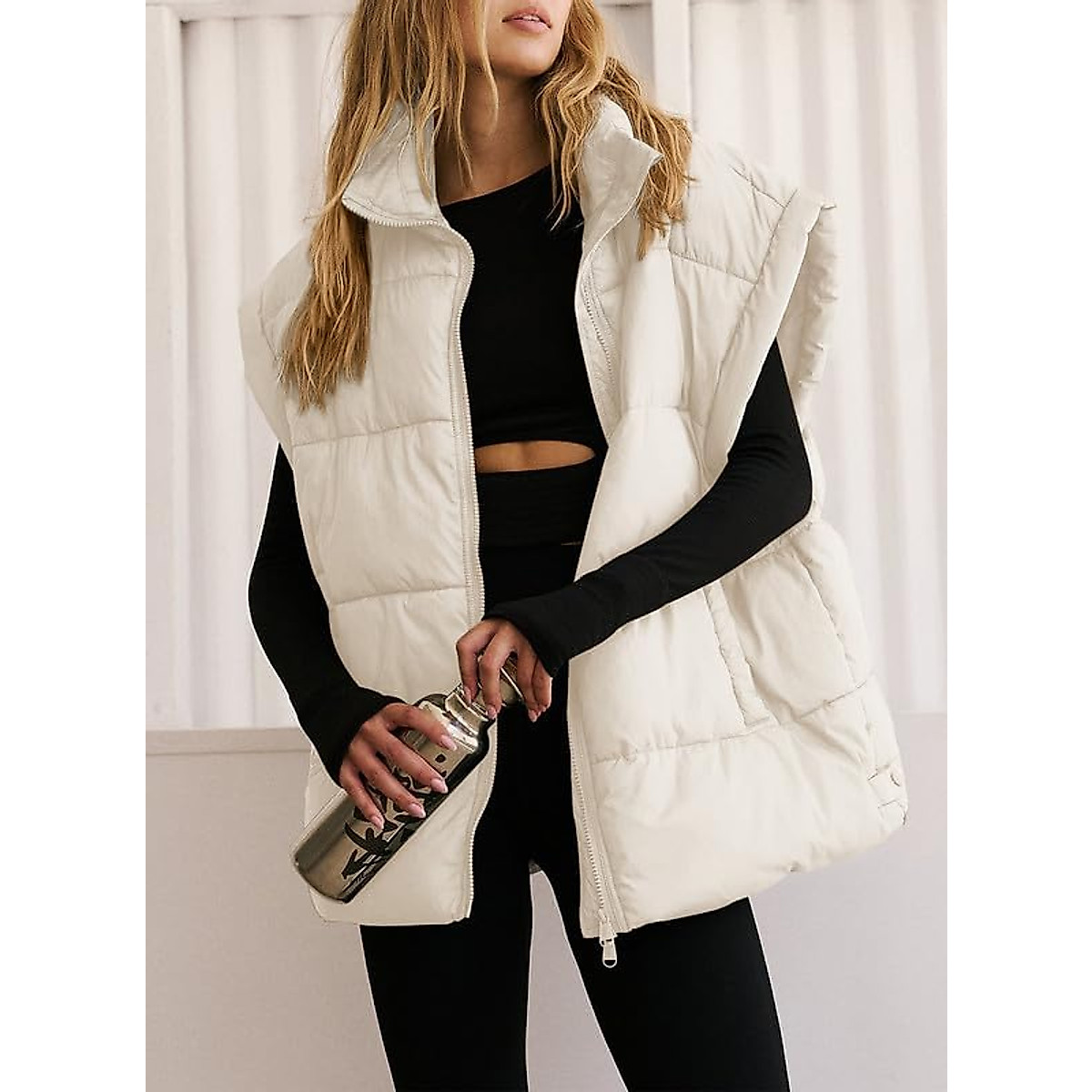 Dokotoo Womens Oversized Apricot Puffer Vest Warm Stand Collar Casual Zip Padded Vest Sleeveless Outerwear Jacket Winter Coats for Women Quilted Vest with Pockets X-Large