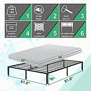 FALOIC Queen Bed Frame 16 Inch Black Metal Platform Bed Queen Size of Heavy Duty Noise Free, No Box Spring Needed, Easy Assembly Mattress Foundation…