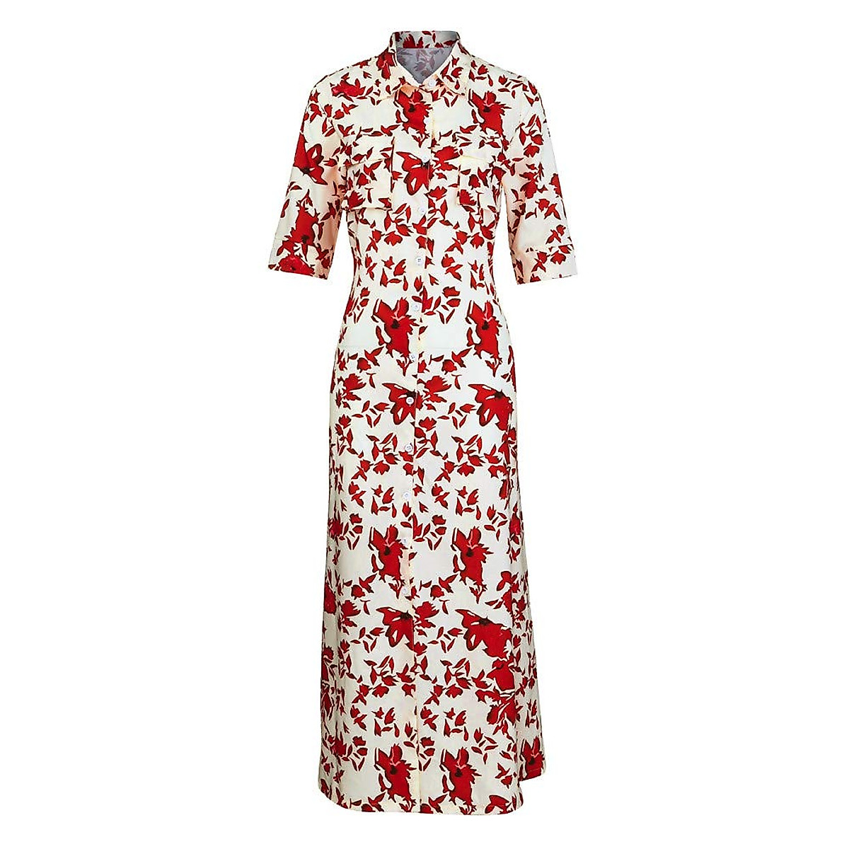 F_Gotal Womens Bohemian Printed Loose Button Stripe Roll Up Sleeve Maxi Dress with Pockets Beach Sundress Party Cocktail