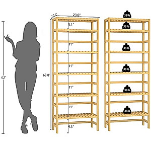 Homykic Bookshelf, 6-Tier Bamboo Adjustable 63.4” Tall Bookcase Book Shelf Organizer, Free Standing Storage Shelving Unit for Living Room, Kitchen, Bedroom, Bathroom, Office, Rust Resistance, Natural