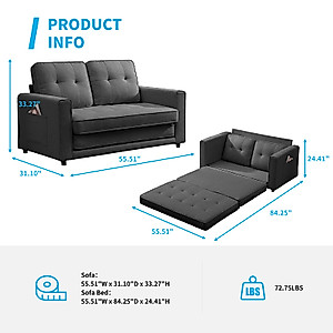 Mjkone Pull Out Sofa Bed, 3-in-1 Loveseat Sleeper Sofa Bed with 2 Side Pockets, 5.5" Tri-Fold Multi-Function Floor Gaming Sofa Bed, Fold Out Sofa Couches for Living Room/Bedroom/Office - Dark Grey