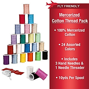 SINGER Mercerized Cotton Hand Sewing Thread Pack - 24 Assorted Colors, 10yds/ea, Mini Spools of Thread, Includes Hand Needles & Threader, Travel Friendly