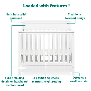 Dream On Me Harbor 4-in-1 Convertible Mini Crib in White, Greenguard Gold Certified