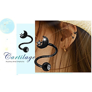 Melighting Twist Helix Earrings 16G Black Moon Cartilage Earring Clear CZ Surgical Steel 316L Star Tragus Piercing Jewelry Labret Piercing Helix Piercing Women