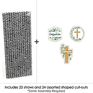 Confirmation Elegant Cross - Paper Straw Decor - Religious Party Striped Decorative Straws - Set of 24