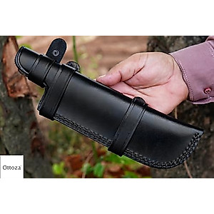Ottoza Handmade XL Leather Knife Sheath RIGHT HAND Tracker Knife Sheath - Bushcraft Knife Sheath - Hunting Knife Sheath - Survival Knife Sheath Horizontal Carry Black TOP GRAIN LEATHER No:104