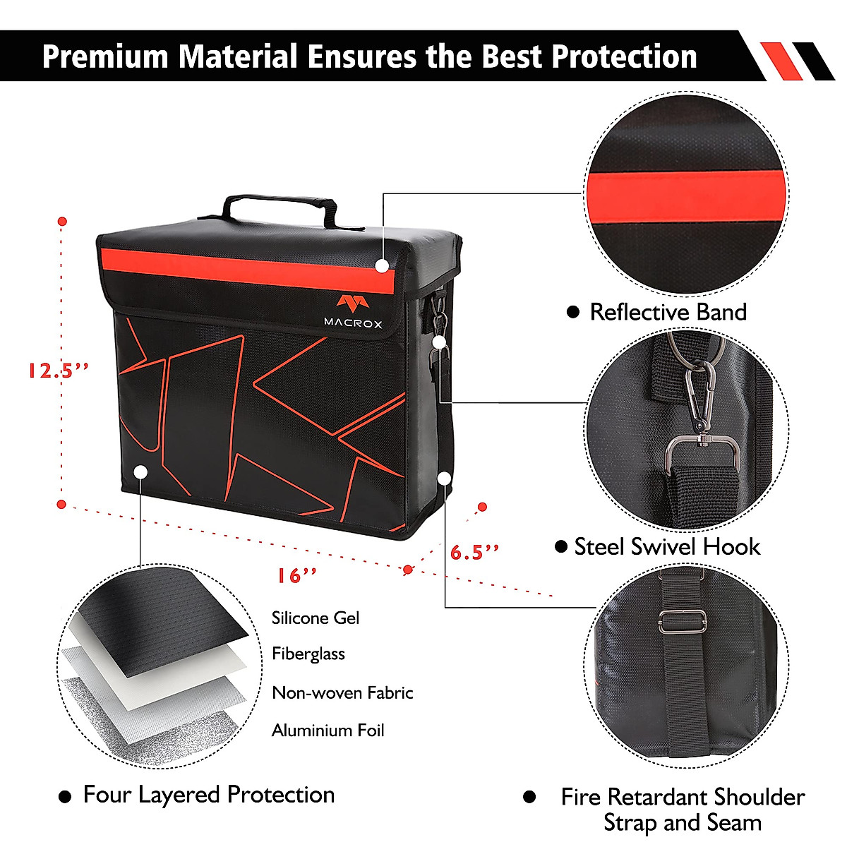 FLAYPAL Fireproof and Waterproof Document Bag with Lock and Interior Zipper Pouch. U.S Patented Fully Enclosed Bag Design. Fire Safe Storage for Important Documents, Files & Valuables, 16"x12.6"x6.5"