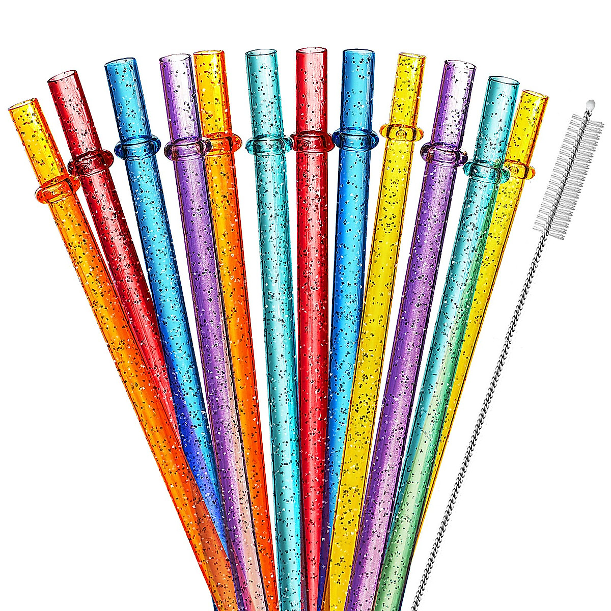 12-Pack Glitter Reusable Colorful Plastic Straws, 11 Inches Clear BPA-Free Unbreakable Sparkle Tumbler Drinking Straws with Cleaning Brush