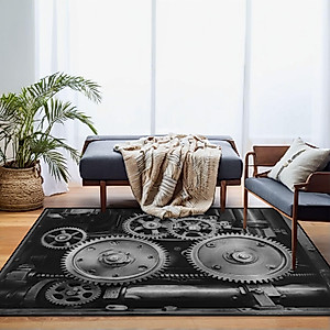 PeeNoke Black and White Industrial Machines Paintings Artwork Gears Metal Area Rug Outdoor Patio Rug Play Mat Modern Floor Carpet Non-Slip Home Decor Living Room Kids Bedroom Nursery, 3x5 ft