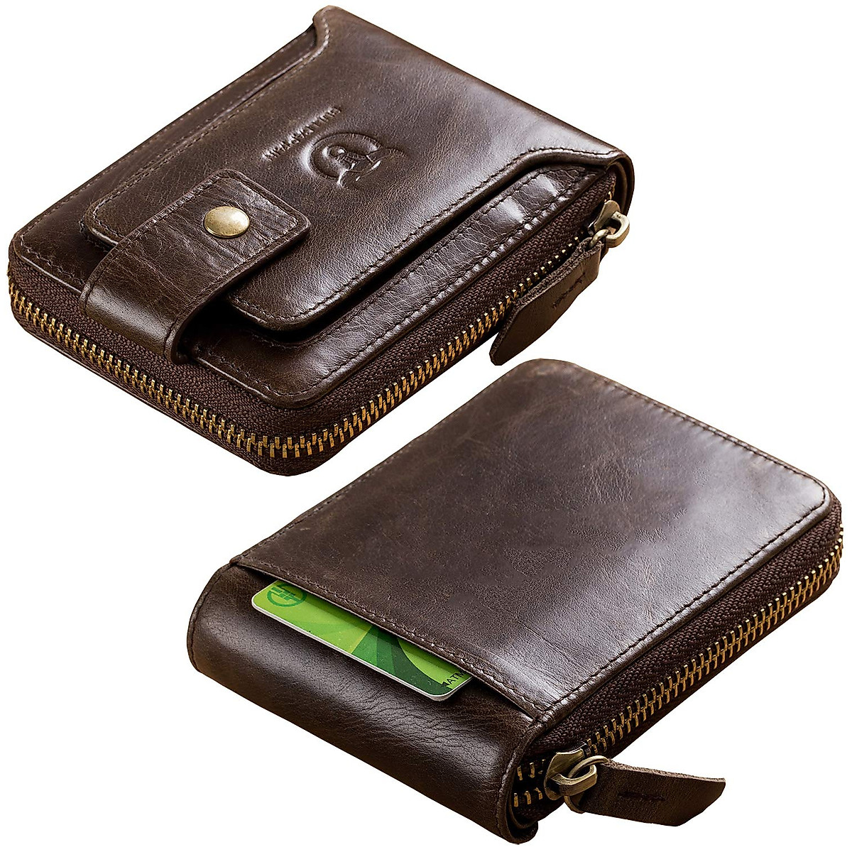 BULLCAPTAIN Men’s Genuine Leather Wallet,RFID Blocking Zip Around Bifold Multi Purse Cowhide Leather Vintage Secure Card Holder with ID Window (Brown)