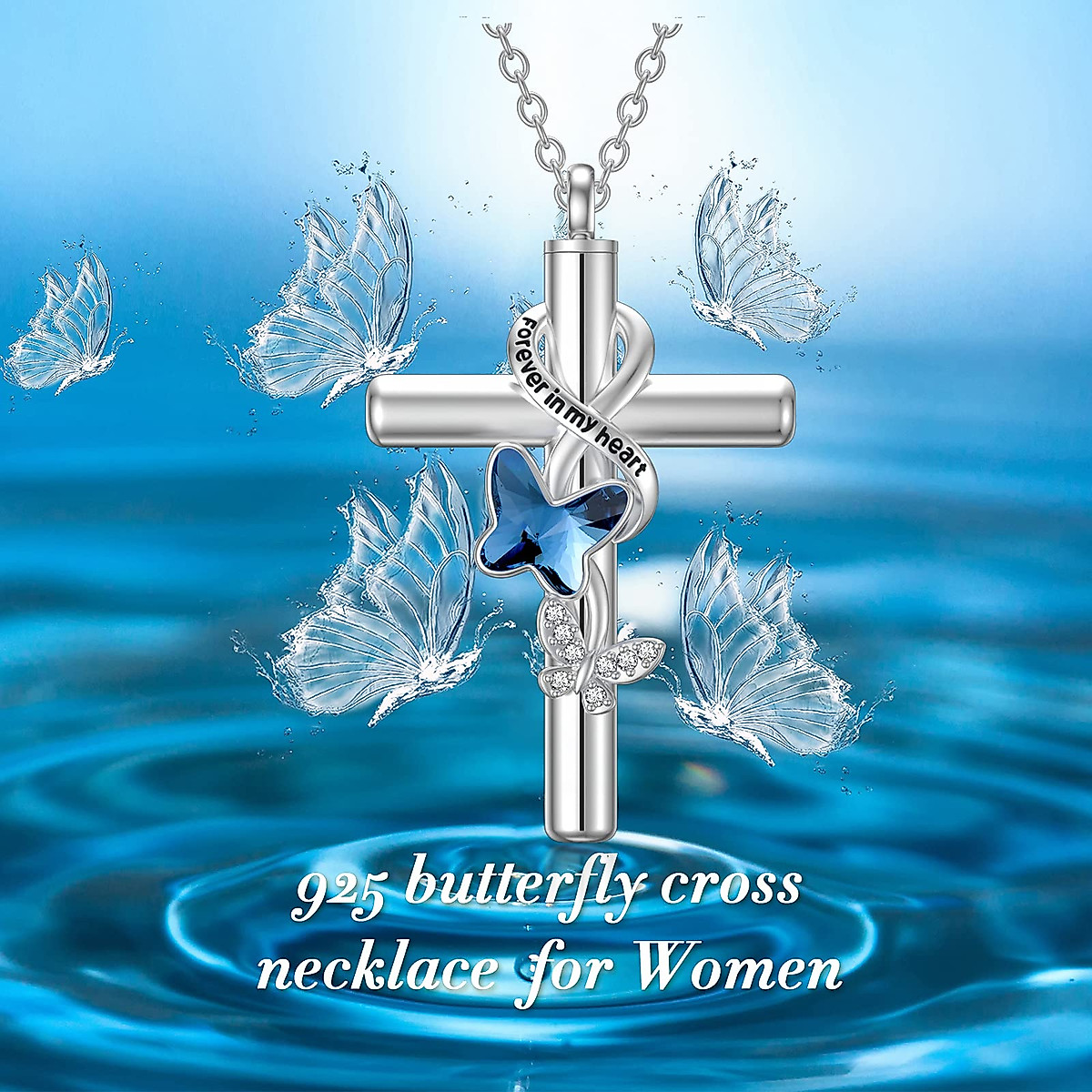 Flpruy Butterfly Urn Necklaces for Ashes 925 Sterling Silver Memorial Pendant Cremation Keepsake Necklace for Ashes for Human Pets Forever in My Heart