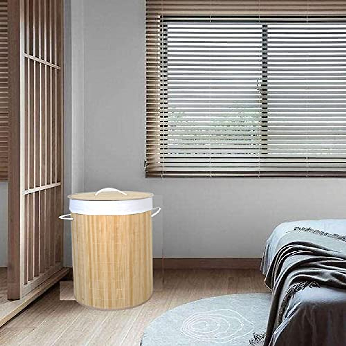 Bamboo Round Clothes Laundry Hamper with Lid 2 Removable Liner Bags,Handwoven Bamboo Laundry Basket with Easy Carry Handles,Large Clothes Basket for Clothes,Bedroom, Toys in Bathroom, Beige