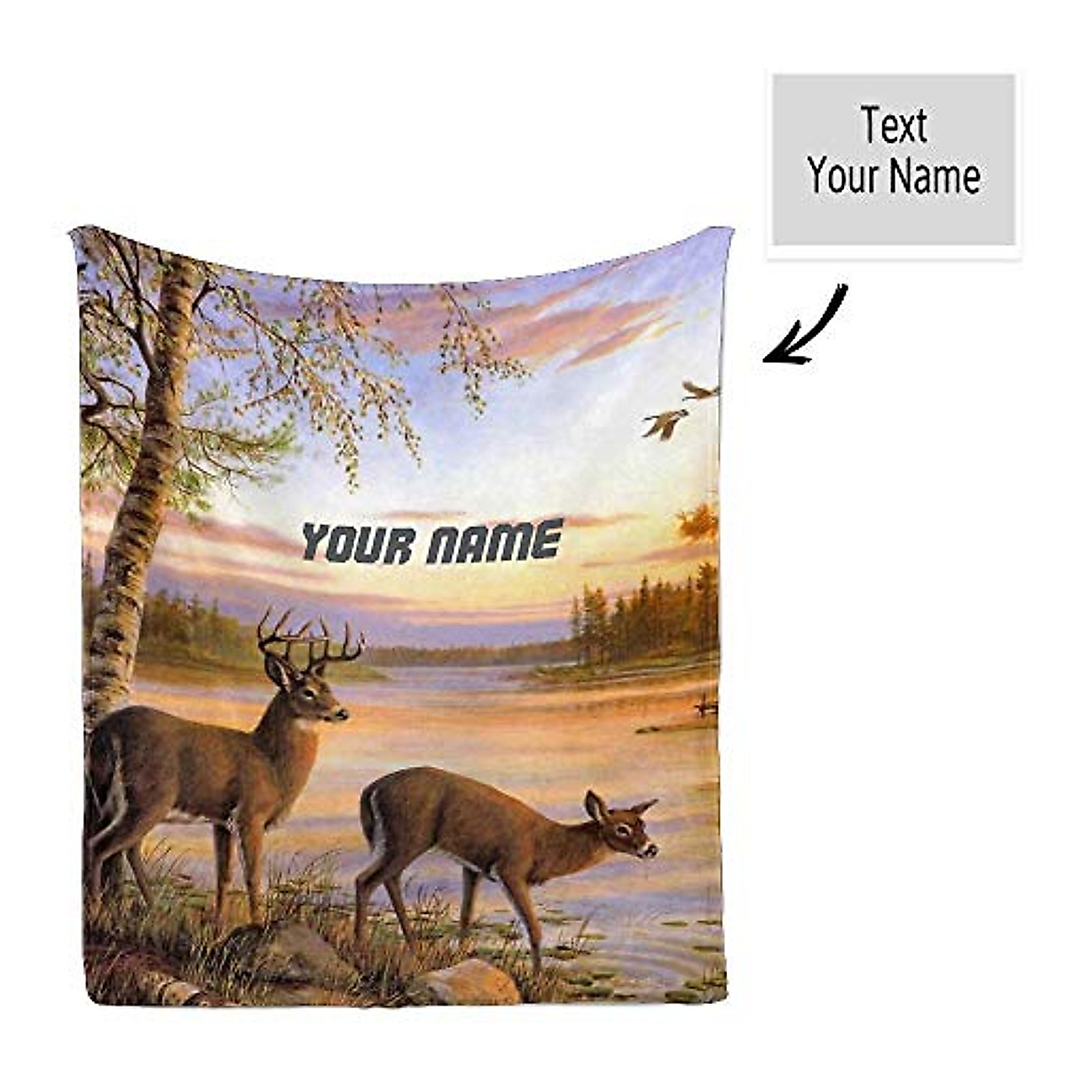 CUXWEOT Custom Blanket with Name Text,Personalized Forest Deer Super Soft Fleece Throw Blanket for Couch Sofa Bed (50 X 60 inches)