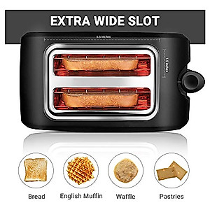2 Slice Toaster CUSINAID Black Wide Slot Toaster 2 Slice Best Rated Prime with Pop Up Reheat Defrost Functions, 6-Shade Control, Removable Crumb Tray