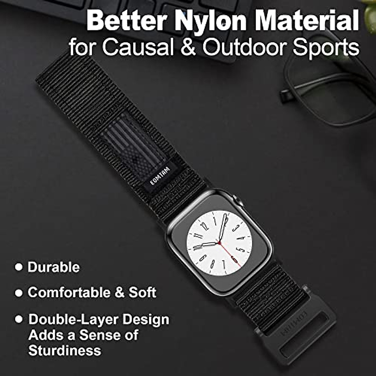 EOMTAM Width 30MM Men Soft Nylon Strap for Apple Watch Band Ultra 49mm 45mm 44mm 42mm 41mm 40mm 38mm, Rugged Sport Woven Adjustable Wristband for iWatch Series 8 SE 7 6 5 4 3(BlackUSA Flag,44)