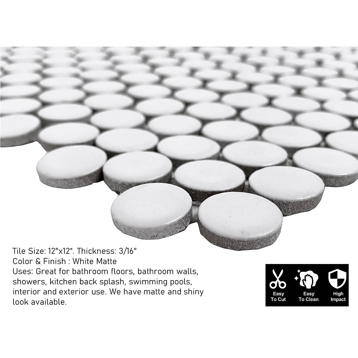 Penny Round Tile Arctic White Porcelain Mosaic Matte Look Wall and Floor Tile (Box of 10 Sheets) for Kitchen Backsplash, Bathroom Floor, Accent Wall