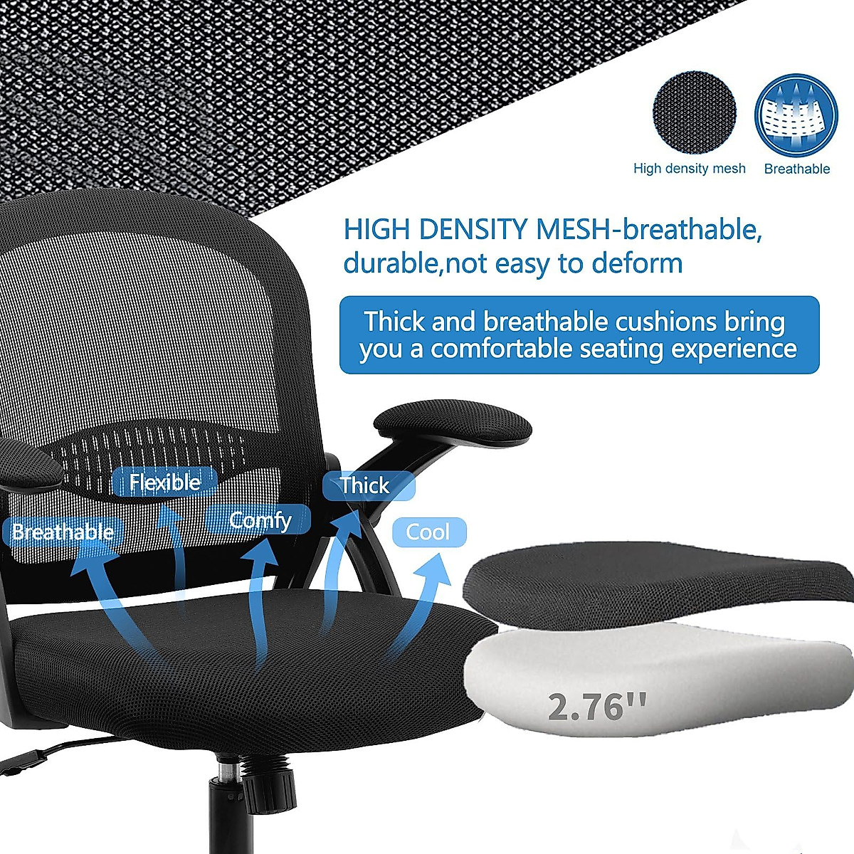Office Chair Desk Chair, Ergonomic Home Office Task Chairs, Executive Task Chair, Adjustable MidBack Computer Gaming Chair, Flip-up Armrests 360° Swivel Breathable Mesh Back Chair, Black