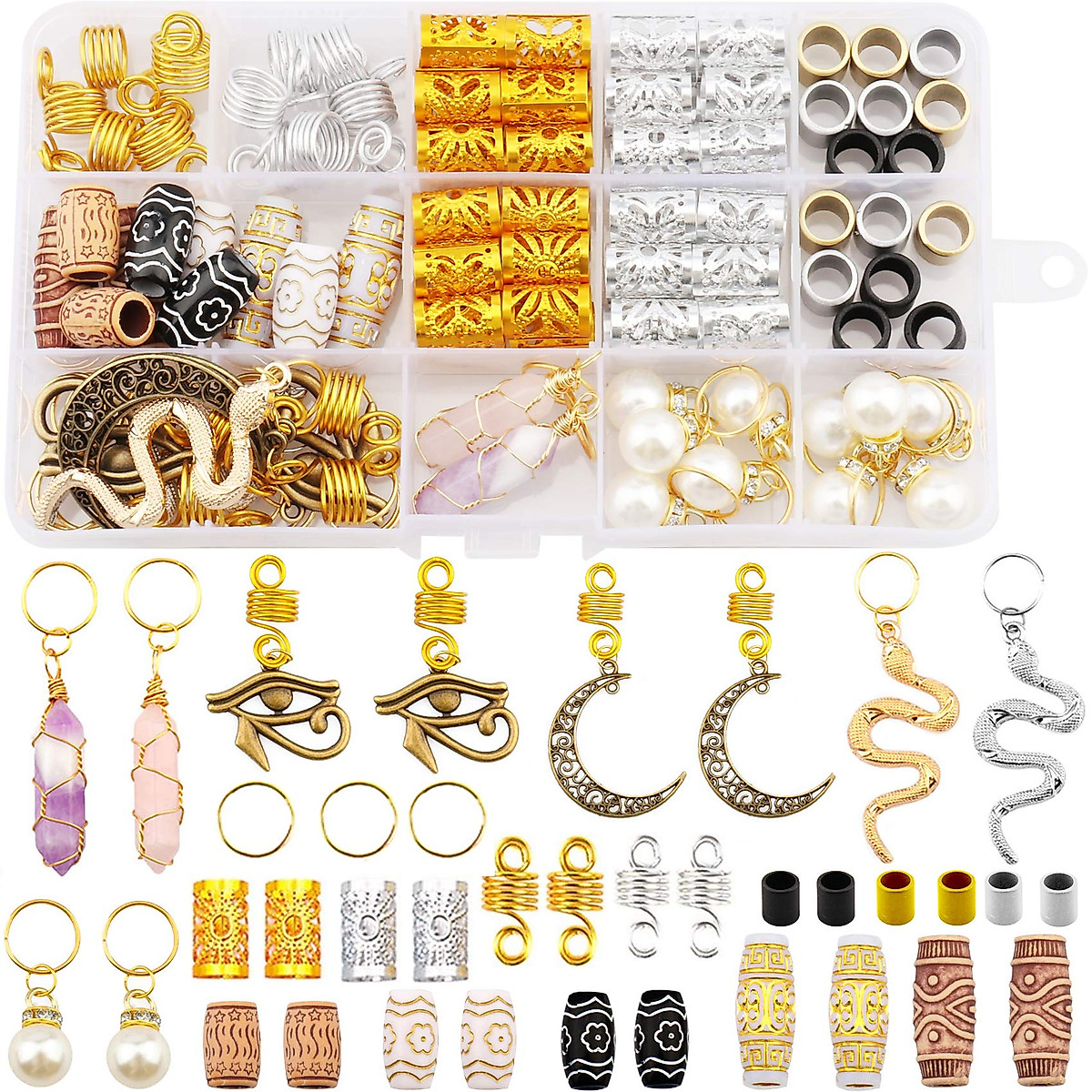 Messen 121Pcs Dreadlocks Jewelry Crystal Wire Wrapped Loc Adornment Imitation Wood Beads Braid Accessories Hair Cuffs Beard Tube Beads Pearl Pendants for Braids Hair Clip Decoration