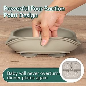 BABELIO Powerful Suction Plates for Baby and Toddler, 100% Food Grand Silicone Divided Baby Plates, BPA Free, Microwave & Dishwasher Safe, Stay Put with 4 Suction Cups, 3 Pack