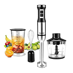 TUMIDY Immersion Blender Handheld 4 in 1 Hand Blender 500W Stepless Speed Stick Blender with Stainless Steel Blades, 750ml Chopper, 1000ml Chopper with Lid, Egg Whisk for Smoothie, Baby Food, Sauces