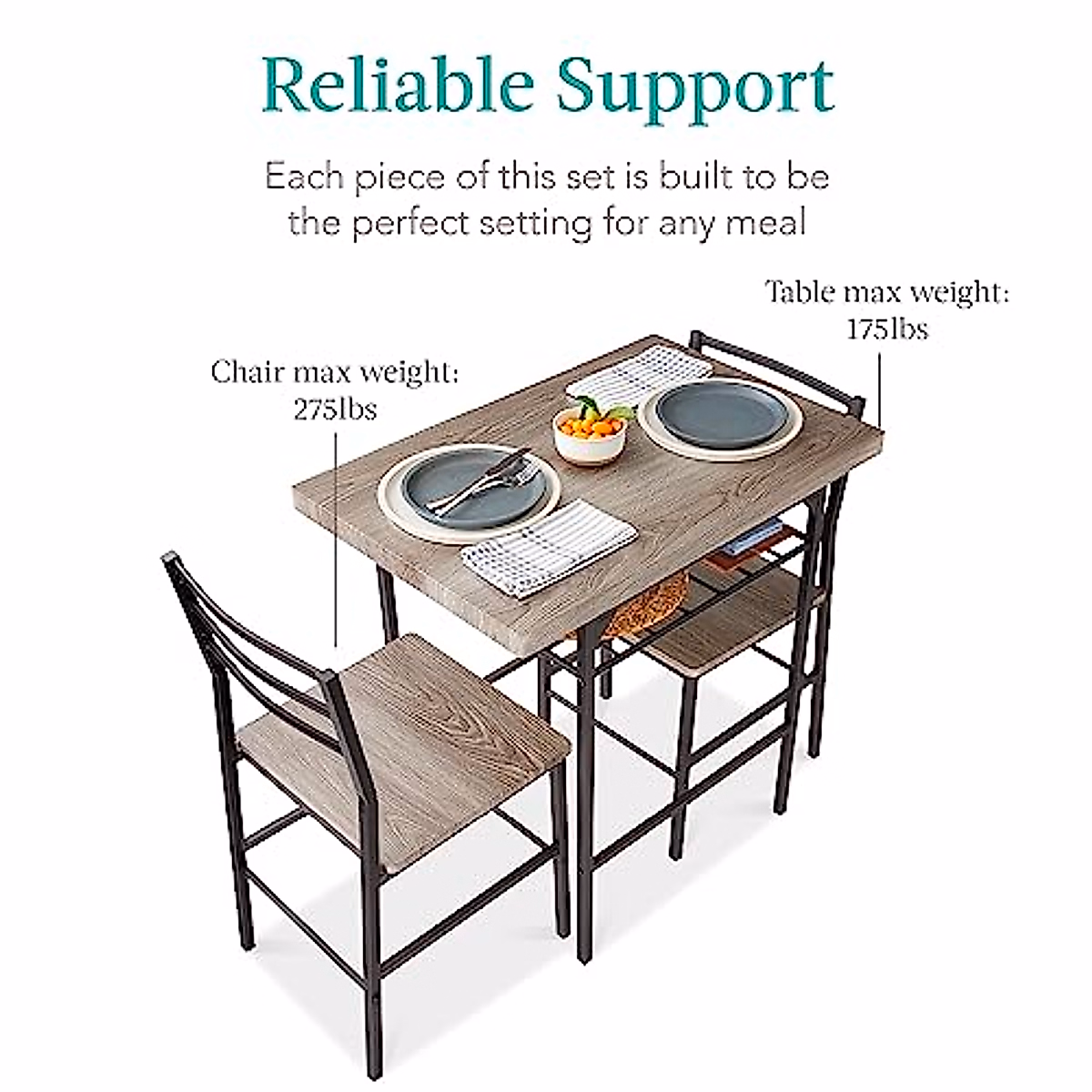 Best Choice Products 3-Piece Modern Dining Set, Space Saving Dinette for Kitchen, Dining Room, Small Space w/Steel Frame, Built-in Storage Rack - Gray