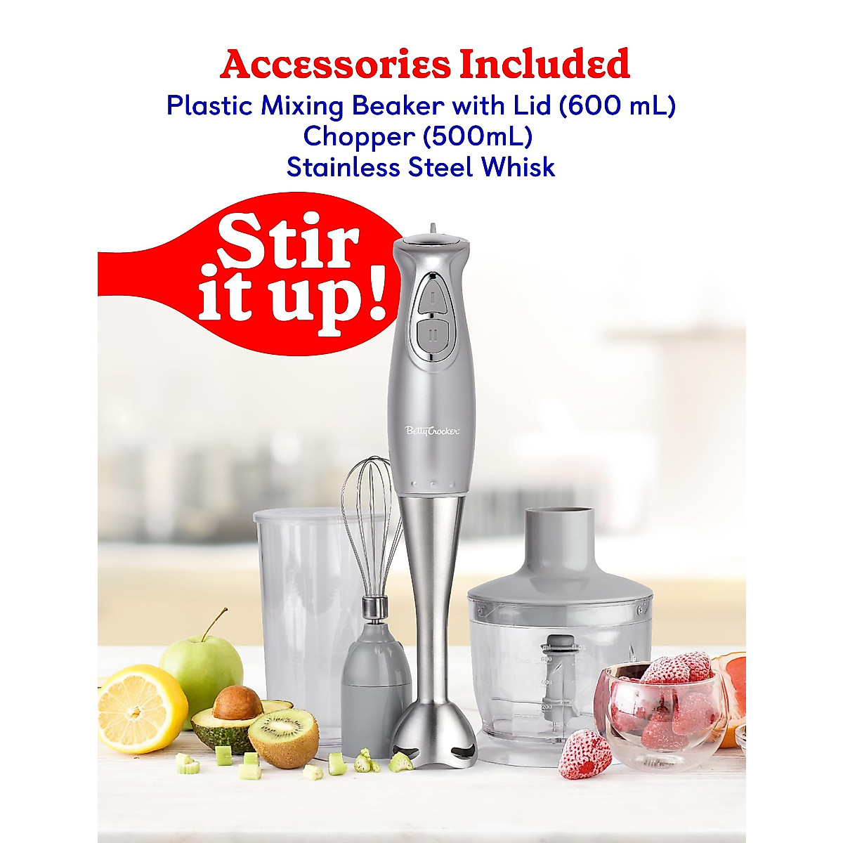 BETTY CROCKER Immersion Blender for Home & Kitchen, 2-Speed Hand Mixer Electric Handheld with Stainless Steel Blade, Beaker & Whisk, 250W Portable Blender with Ergonomic Handle, Silver