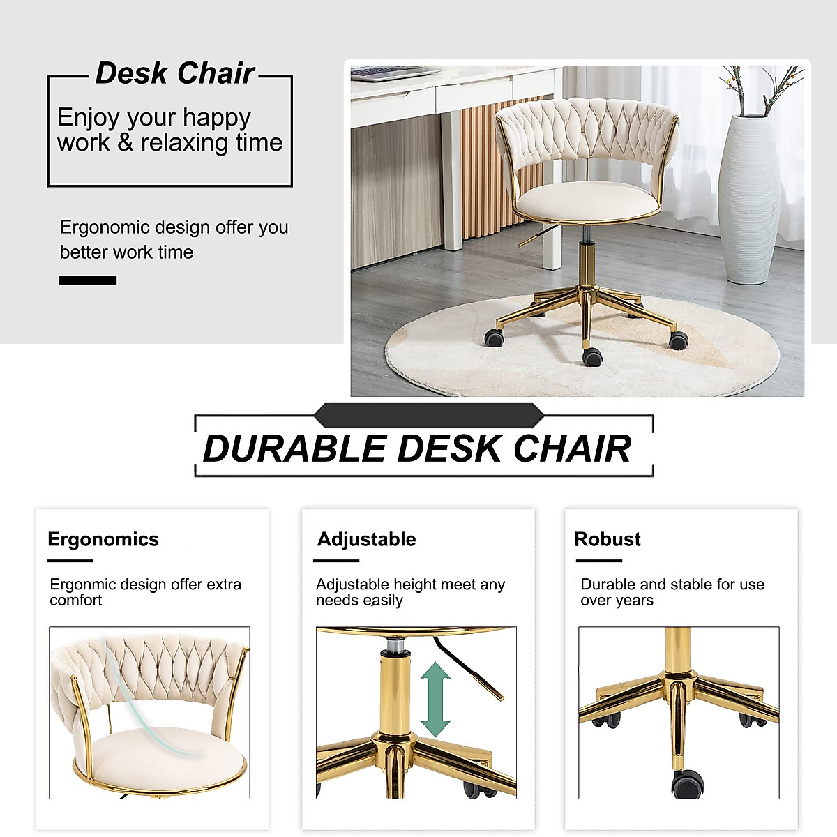 Goujxcy Velvet Swivel Chair, Velvet Desk Chair with Gold Base, Cute Makeup Vanity Chair for Women Girls, Woven Back Adjustable Armchair Task Computer Chair for Home Office Bedroom Living Room, Beige