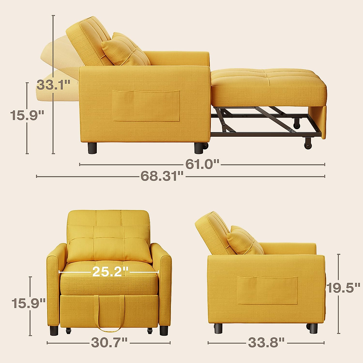Aiho Convertible Sleeper Sofa Chair Bed, 3-in-1 Adjustable with Pillow & Pocket - Multi-Functional in Modern Linen Fabric for Apartment, Yellow