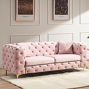 Homtique Mid-Century Modern Sofa Couch, 79 Inch Long Couch Comfy Upholstered Sofa with 2 Pillows Button Tufted Velvet High Armrest and Golden Legs Decor for Living Room, Bedroom, Apartment (Pink)