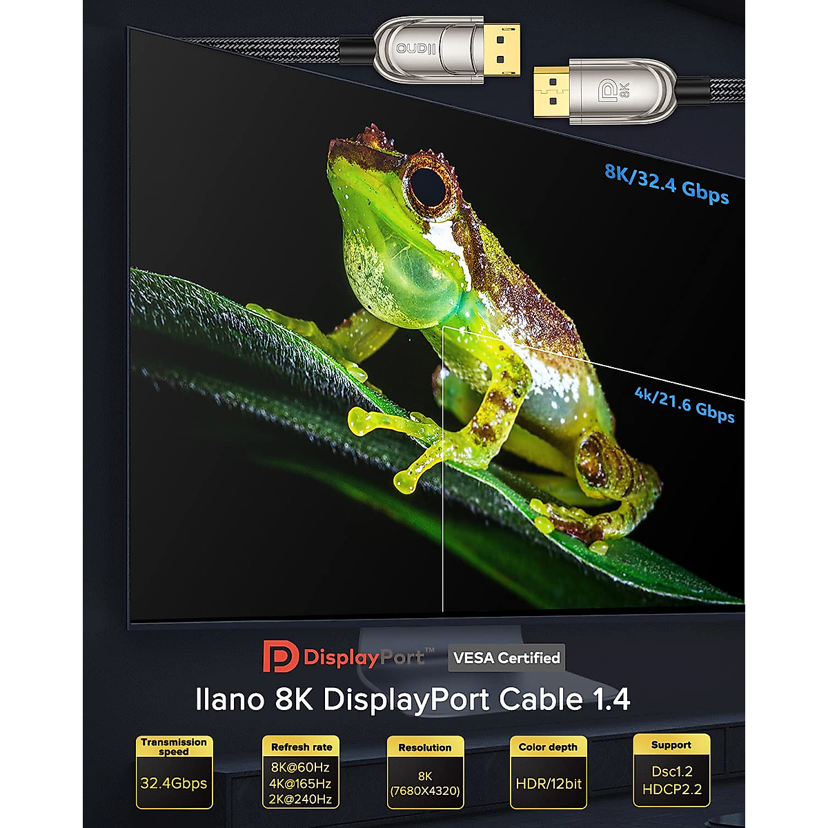 llano 8K DisplayPort 1.4 Cable 10ft, DP 1.4 Cable with latches 32.4Gbps 240Hz High Refresh Rate Male-to-Male Connection Cable for Game E-Sports Monitor, 28AWG Pure Copper Wire Core