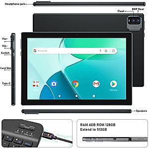 2 in 1 Tablet 10 inch Android 11 Tablets with Keyboard, 6GB RAM 128GB ROM 1TB Expandable Tablet PC, IPS Screen, 2+8MP HD Camera, WiFi, BT 5.0, Google Certified Tableta