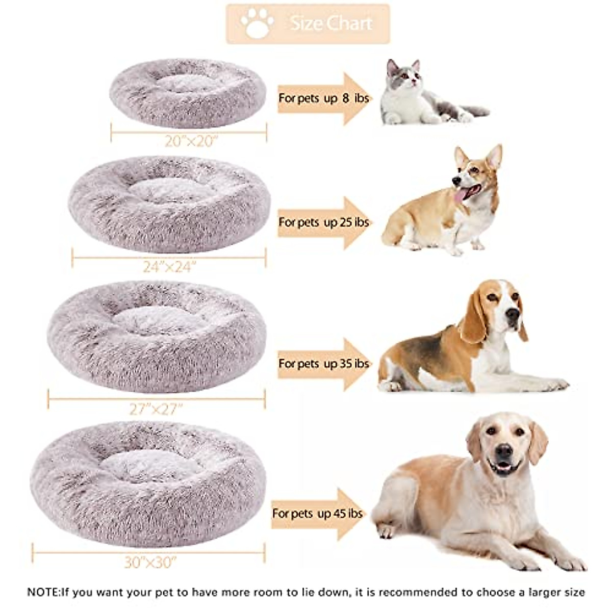 WNPETHOME Calming Dog Bed & Cat Bed,Small Dog Bed Donut Design Faux Fur Anti-Anxiety Dog Bed,Fluffy Pet Cushion Dog Bed for Small Dogs and Cats (20 x 20 inch, Light Coffee)
