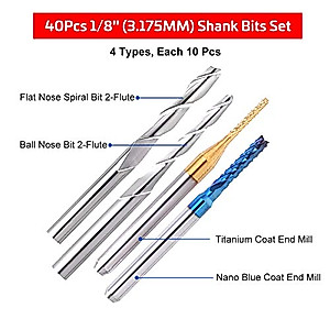 40Pcs End Mills CNC Router Bits Set 1/8" Shank, Mcwdoit CNC Machine Cutting Milling Tool Engraving Cutter Including Flat Nose/Ball Nose End Mill, Nano Blue Coat/Titanium Coat 2 Flute CNC Router Bits