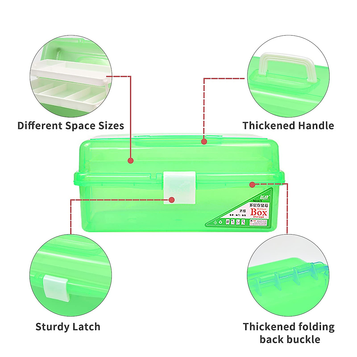 Zhousensen 13in Three-Layer Clear Art Storage Box Craft Organizer, Folding Tool Box with Handle, Art & Crafts Case/Sewing Supplies Organizer for Home School Office Travel (Green)